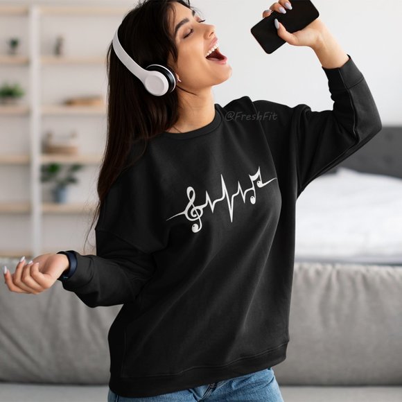 Tops | Music Notes Pulse Frequency Black Fleece Crew Sweatshirt | Poshmark